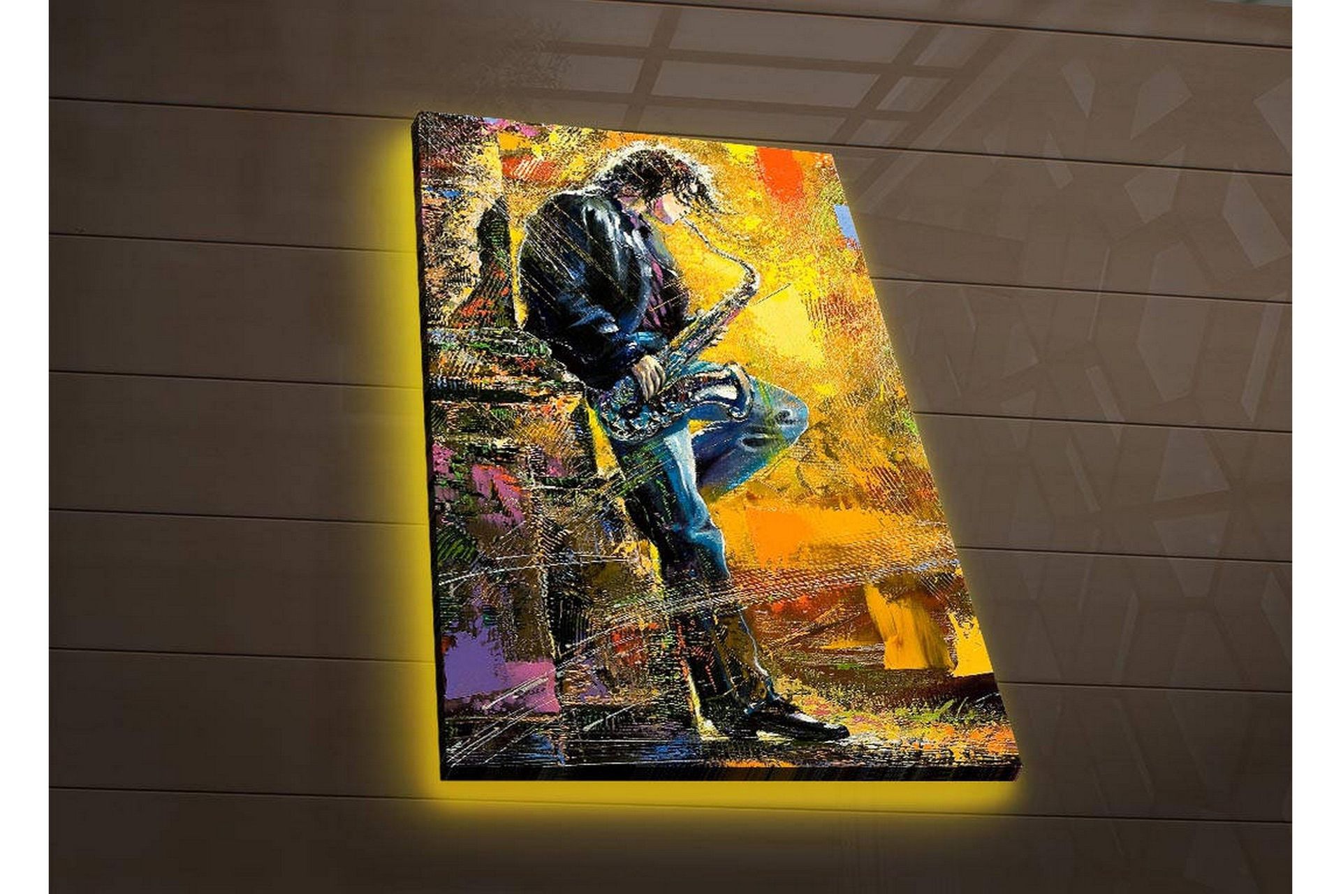 Lærredsbillede med LED-belysning 70x45 cm - Jazzmusiker spiller saxofon ...