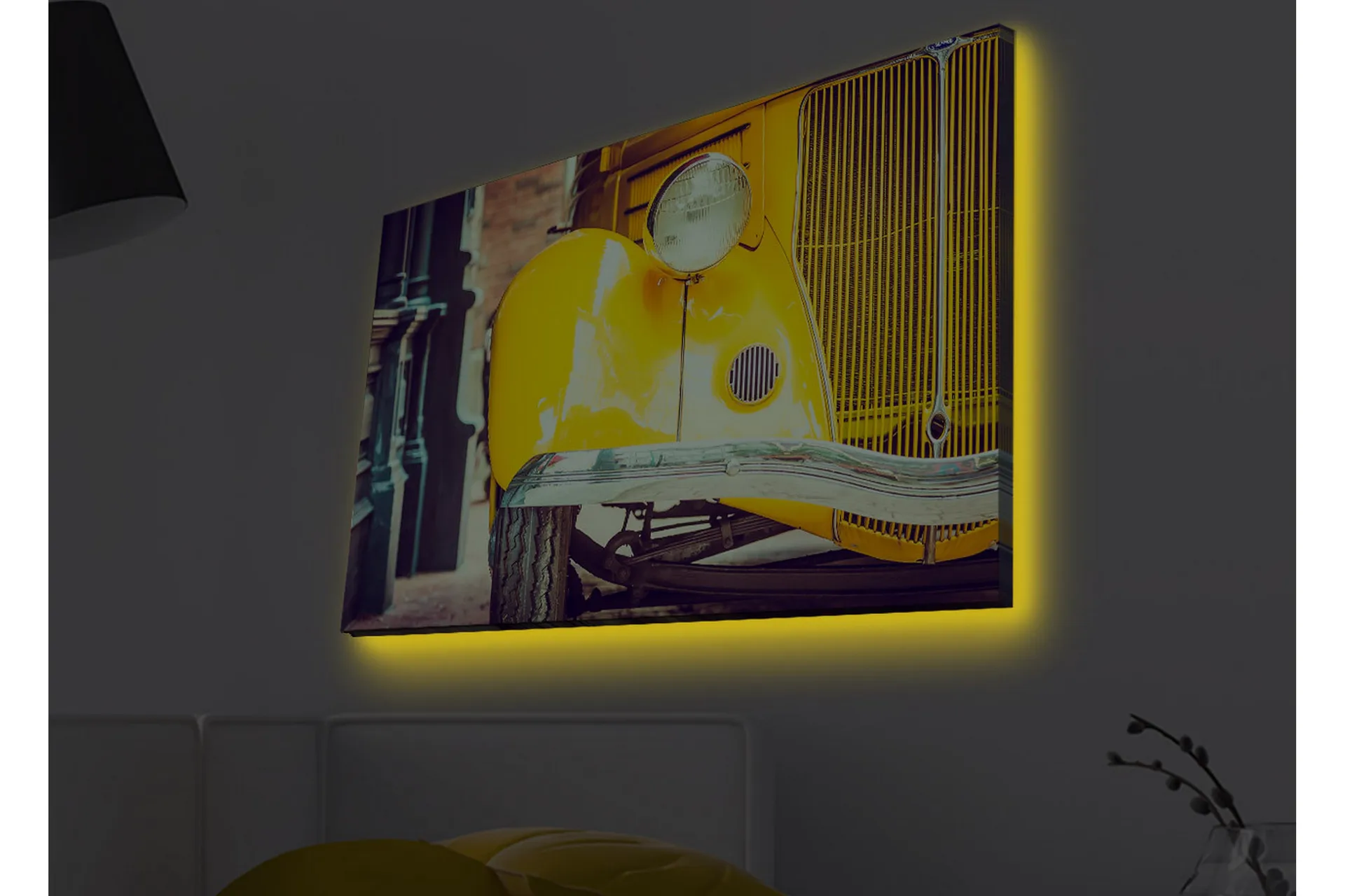 Lærredsbillede med LED-belysning - Klassisk gul bil med retrodesign Gul ...