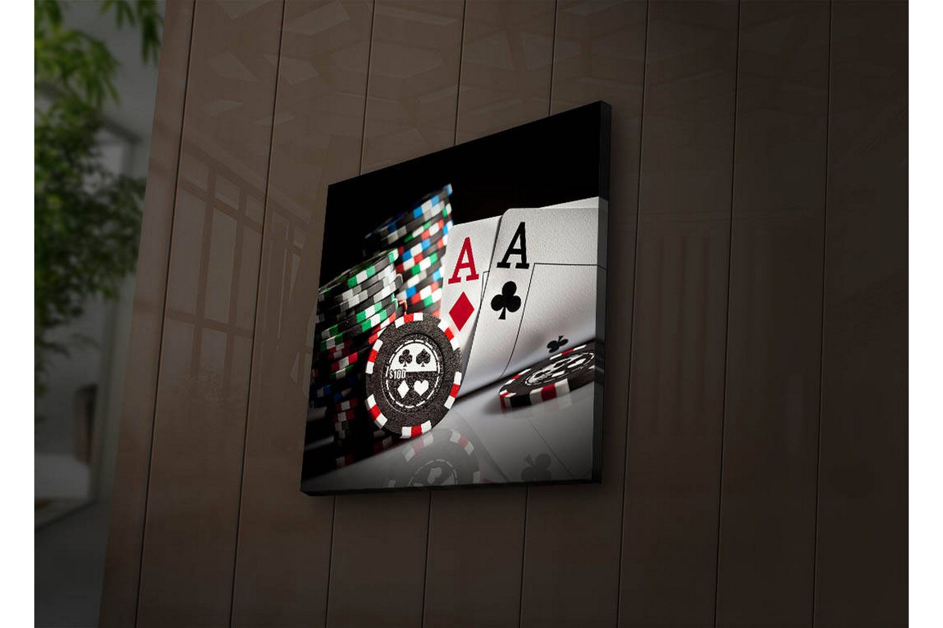 Lærredstryk med LED-belysning 28x28 cm - Spillekort og pokerchips i ...
