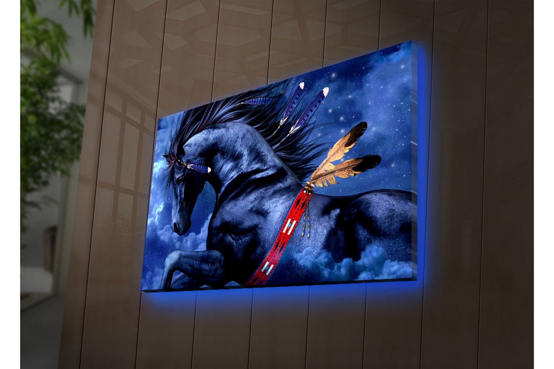 Lærredstryk med LED-belysning 45x70 cm - Stolt sort hest med fjer i et ...