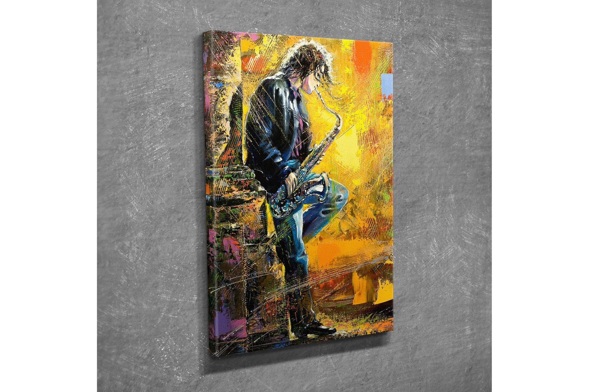 Lille lærredstryk 30x40 cm - Musiker spiller saxofon med en energisk og ...
