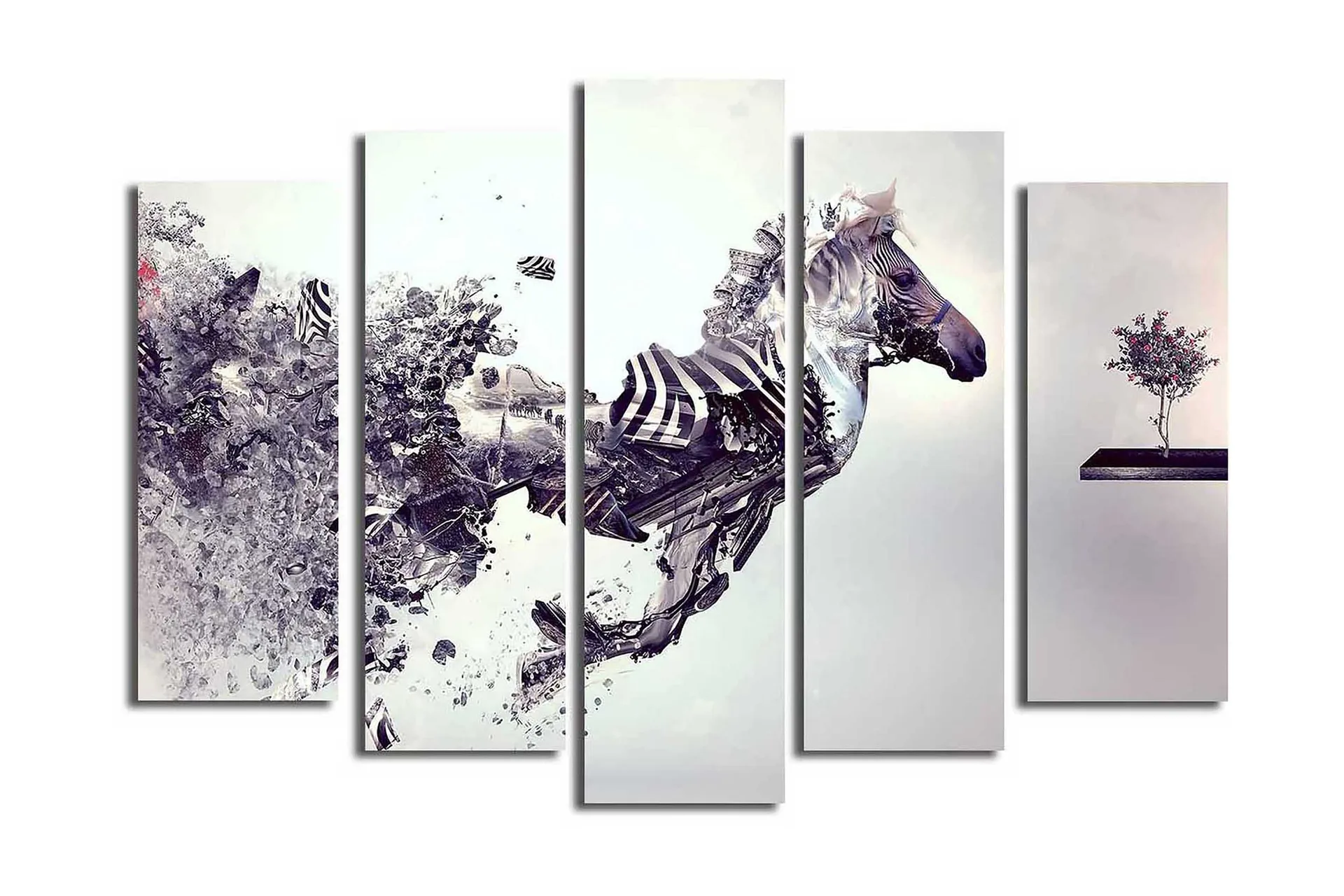 Stort lærredstryk i 5 dele 105x70 cm - Dynamisk hest i bevægelse med ...
