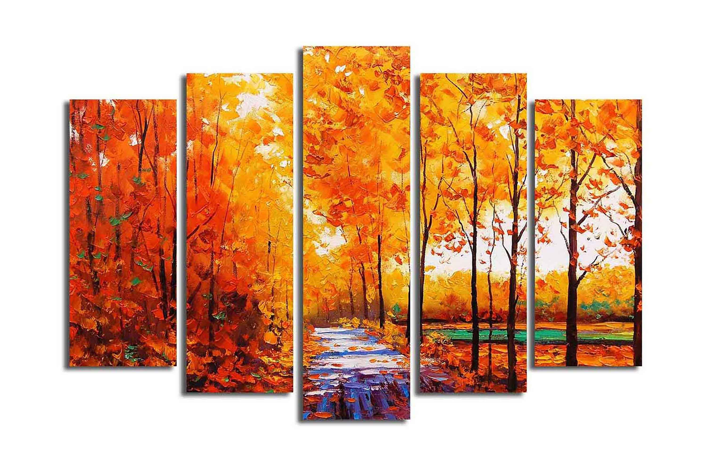 Stort lærredstryk i 5 dele 105x70 cm - Frodig skov med efterårsfarver ...