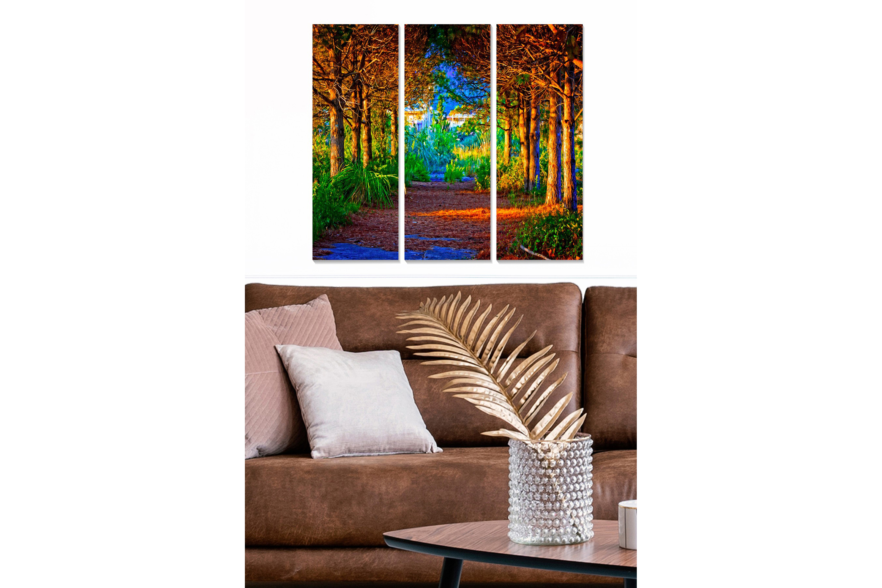 Trælærredstryk 3-delt 50x70 cm - Frodig skovsti med solbeskinnede træer ...