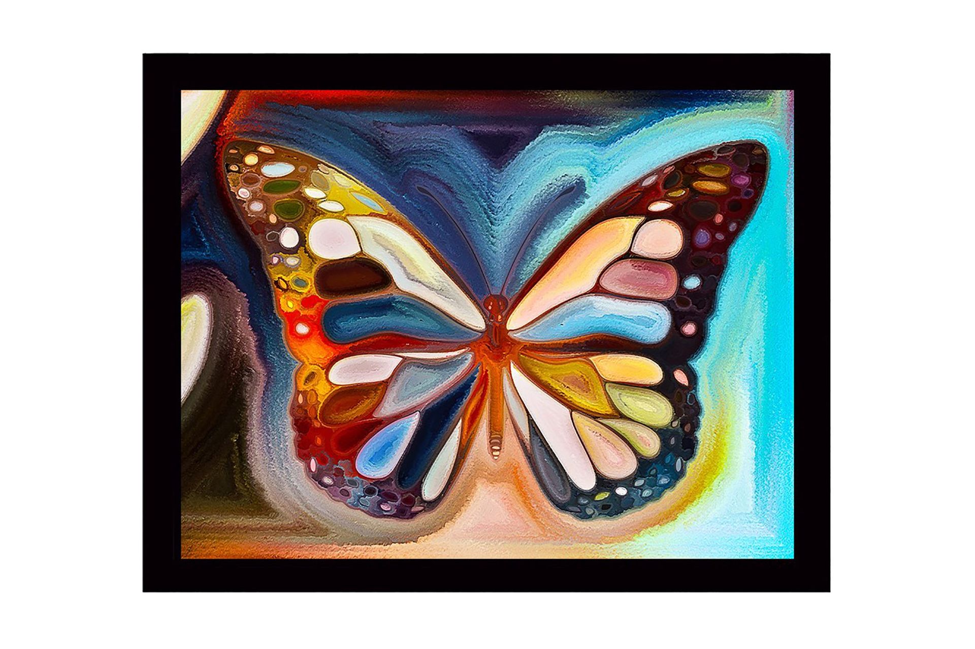 Indrammet lærredstryk i træ - 41x56 cm - Farverig sommerfugl med ...