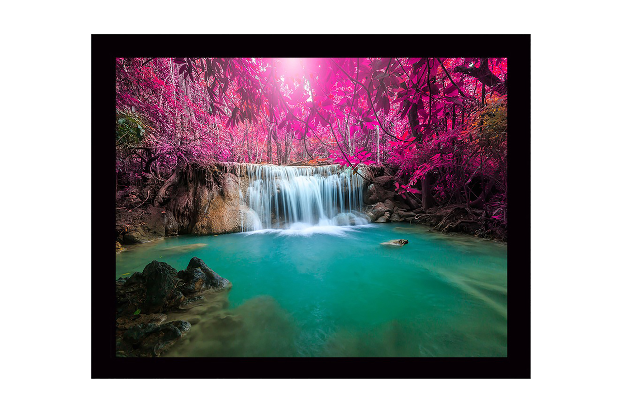 Indrammet lærredstryk i træ - 41x56 cm - Smukt vandfald omgivet af ...