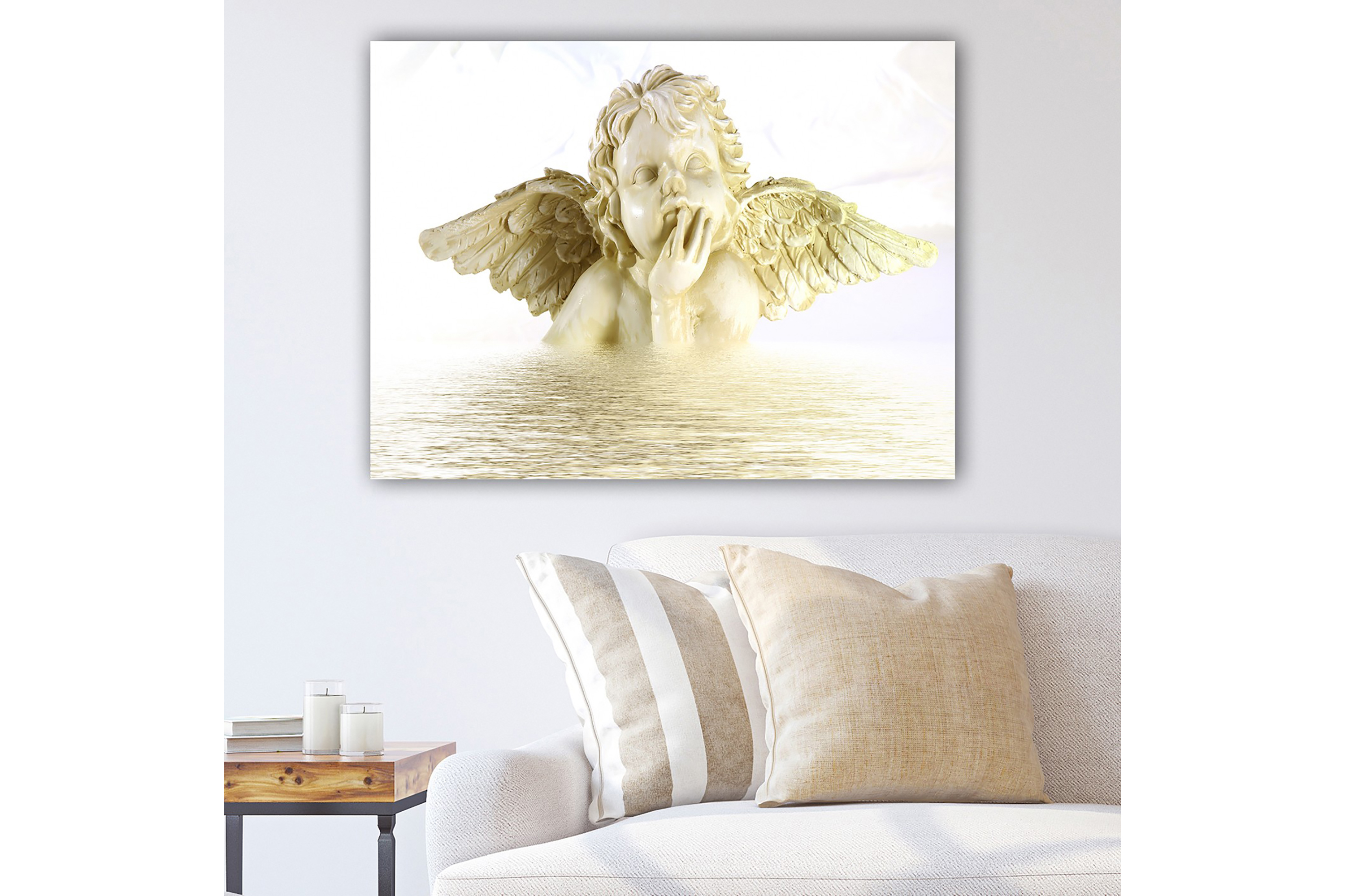 Lærred 70x100 cm - Engel med udstrakte vinger, der ser drømmende ud, delvist nedsænket i vand ...