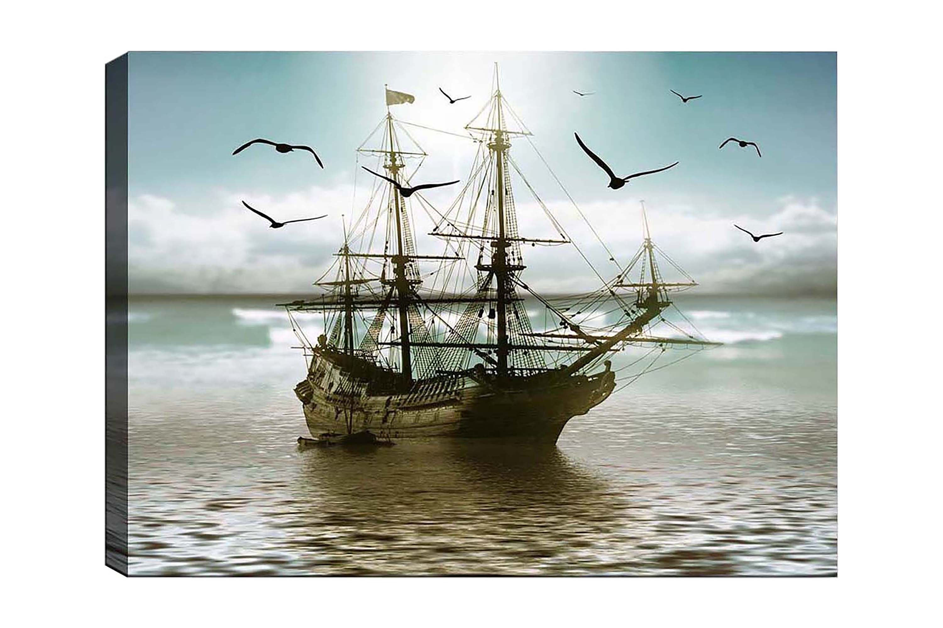 Lærred 70x100 cm - Et gammelt sejlskib, der navigerer gennem roligt vand under en lys himmel Blå ...