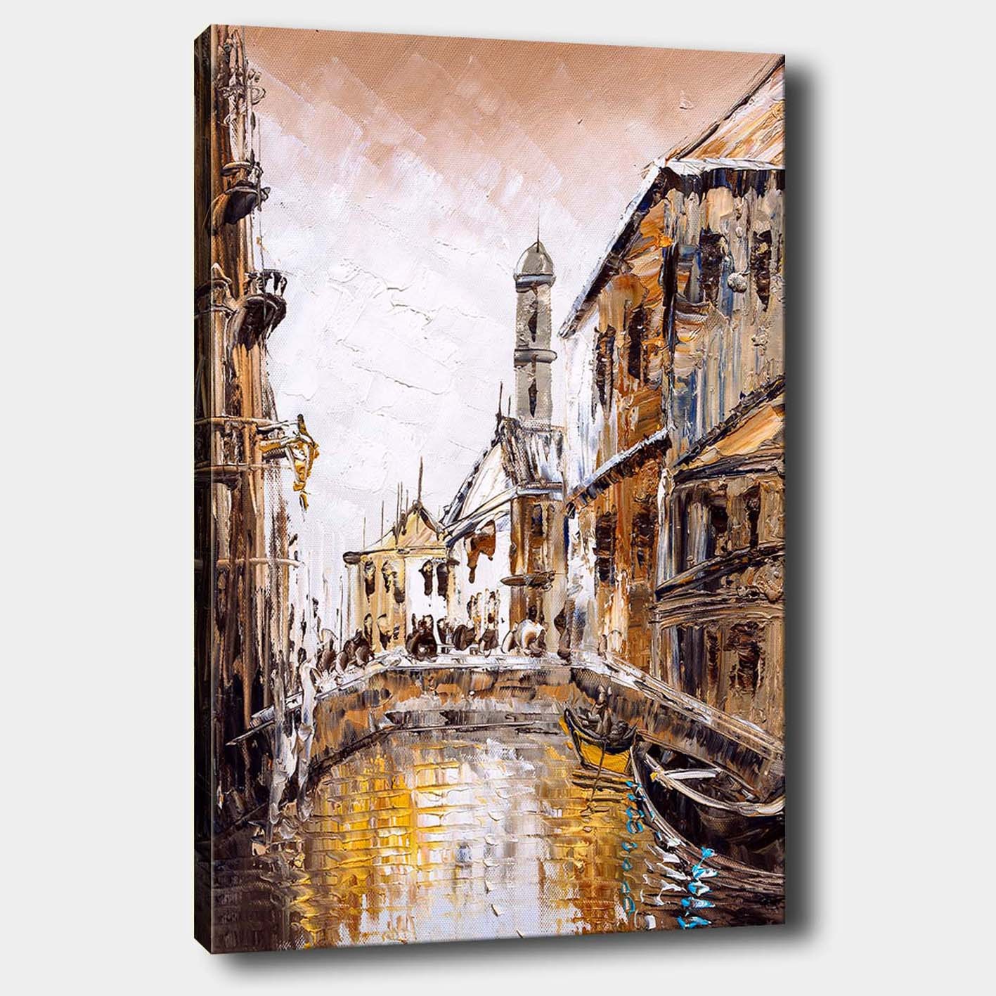 Lærred 70x100 cm - Malerisk kanal med historiske bygninger og både i bymiljø Guld / Brun / Hvid ...