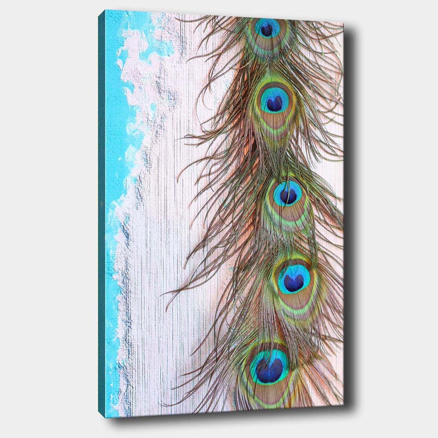 Lærred 70x100 cm - Smuk fjer fra en påfugl med intense farver og detaljer Grøn / Blå / Brun ...