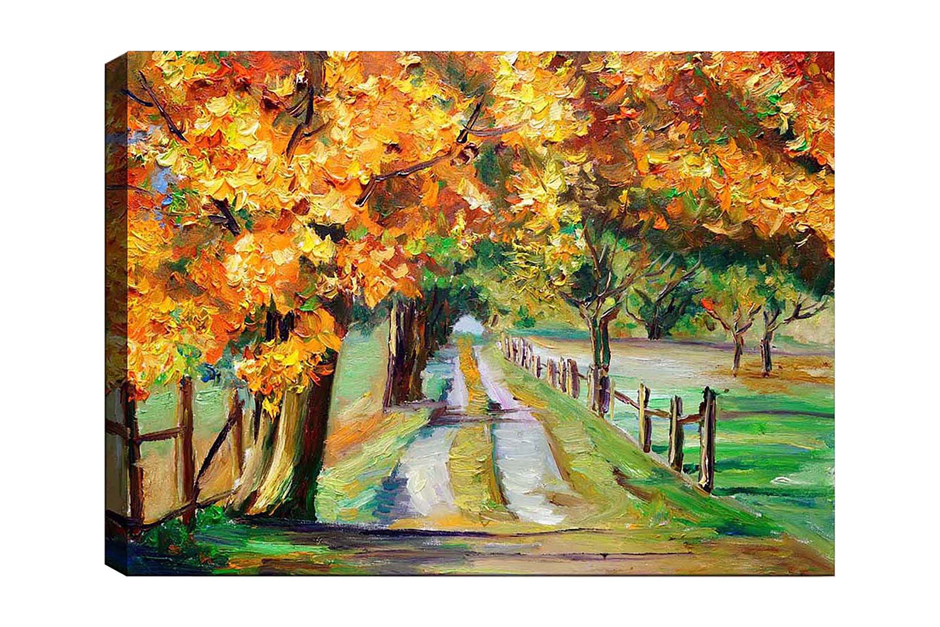 Lærred 70x100 cm - Smukt efterårslandskab med farverige træer langs en grusvej Orange / Grøn ...