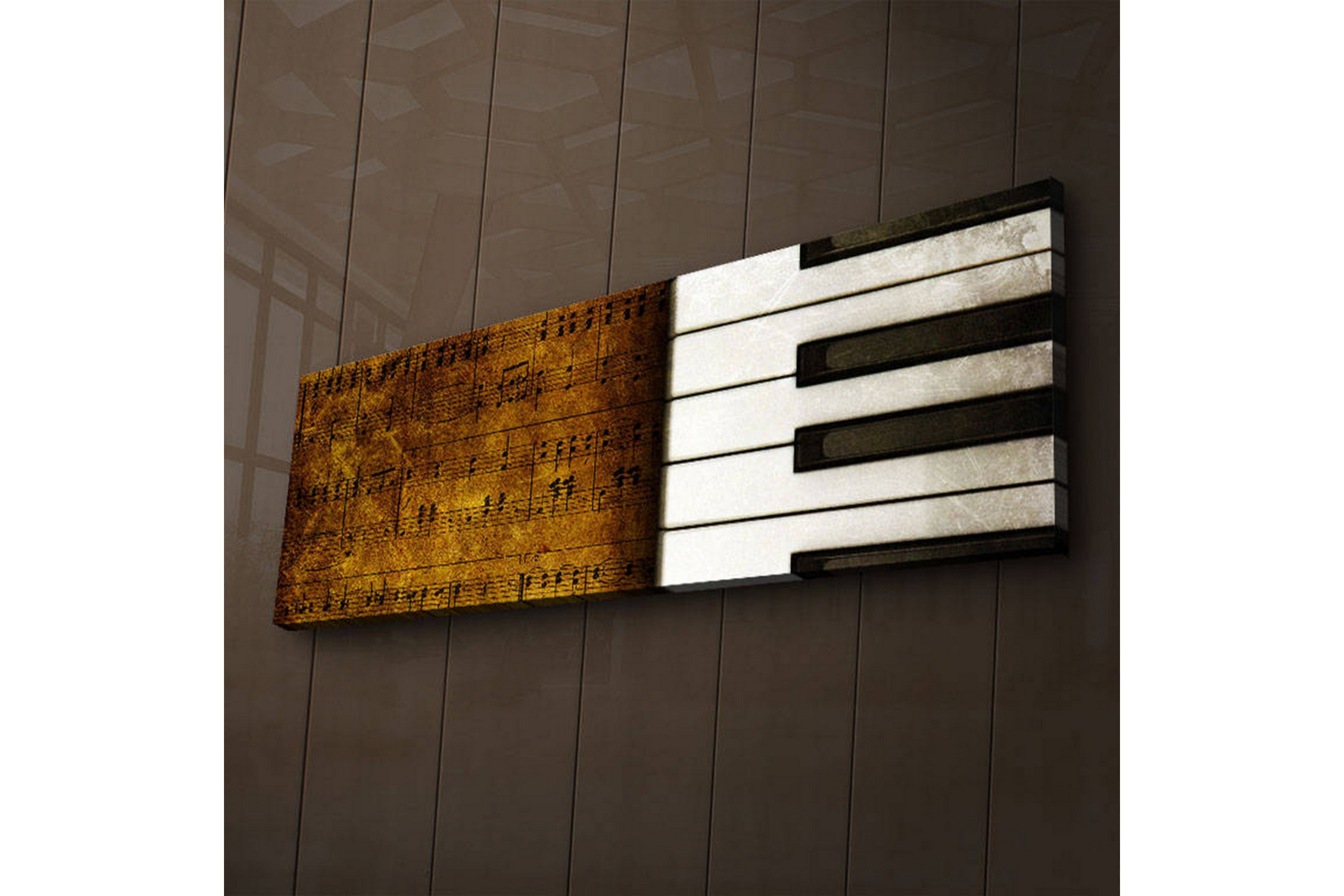 Lærredstryk med LED-belysning 30x90 cm - Klavertangenter med noder i en stiliseret komposition ...