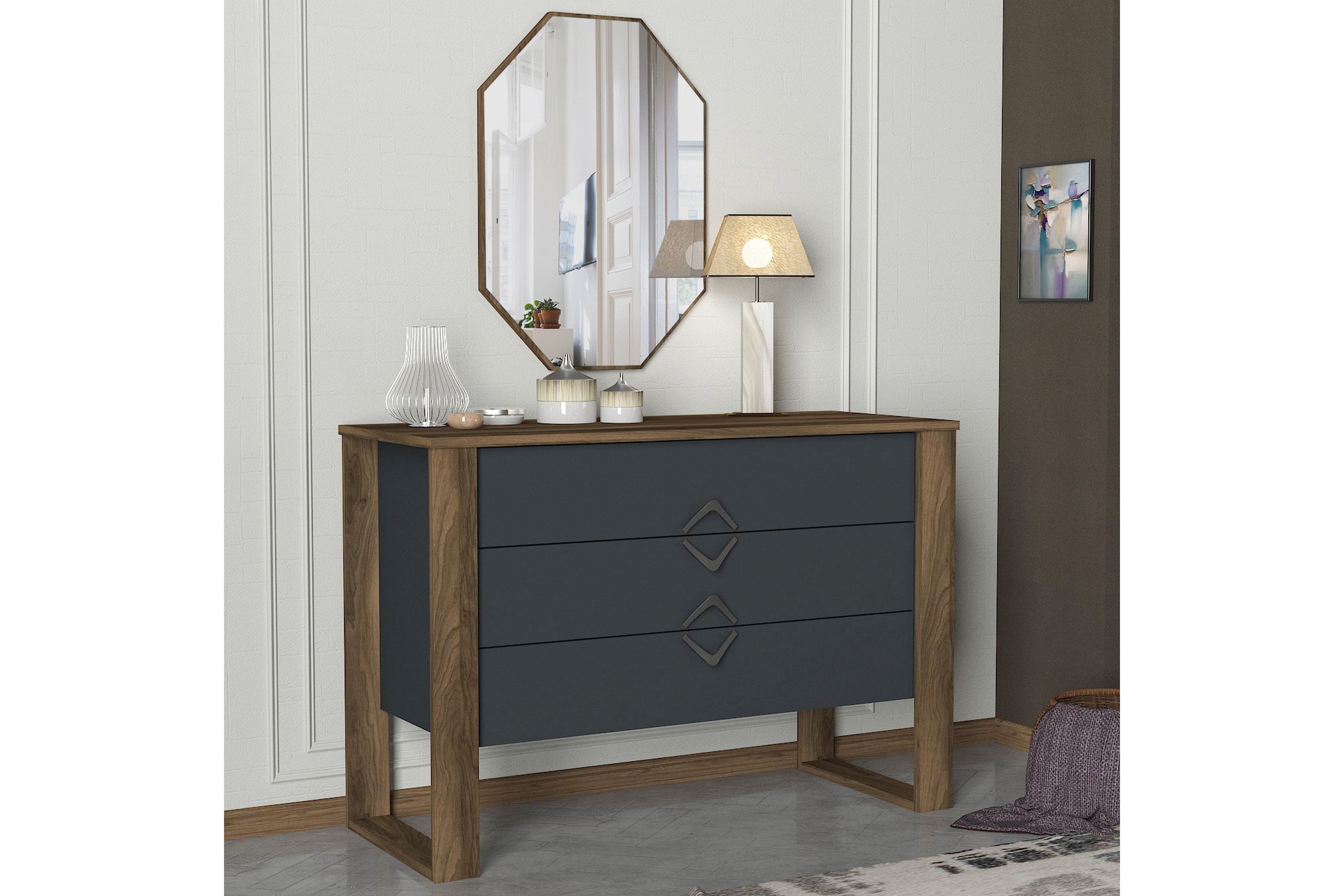 Tera Home Kommode + Spejl Valnød / Mørkegrå - Opbevaring | Trademax